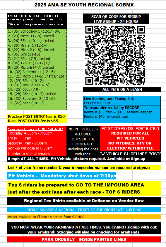 INFO for AMA SOUTHEAST YOUTH REGIONAL at SOB-MX | Victory Sports Racing